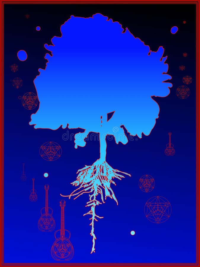 Tree with Roots Geometric Shapes and Dobro Guitar Outlined in Red Stock ...