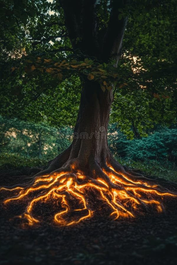 A Tree with Roots Glowing in the Dark Stock Illustration - Illustration ...