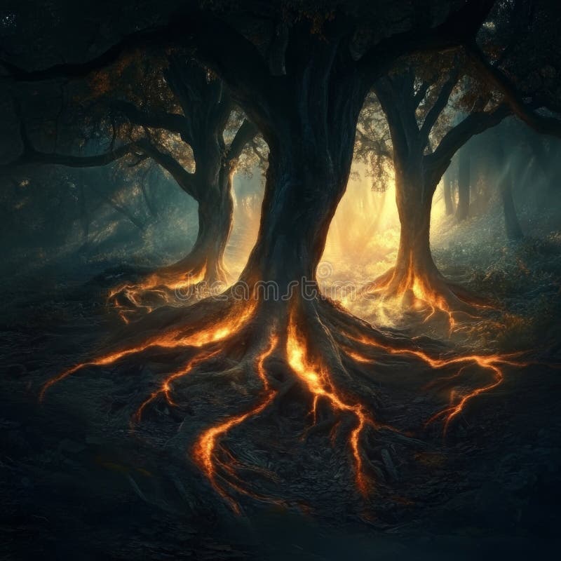 A Tree with Roots that are Glowing Orange Stock Illustration ...