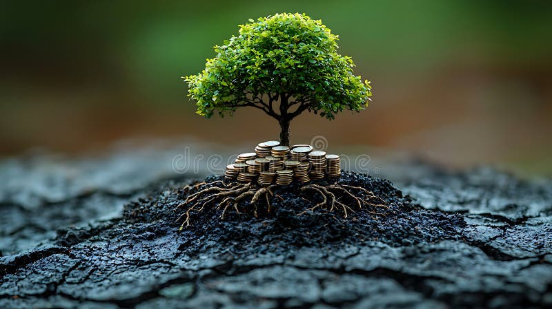 Tree with Roots Gripping Pile of Coins Symbolizes Growth and Wealth ...