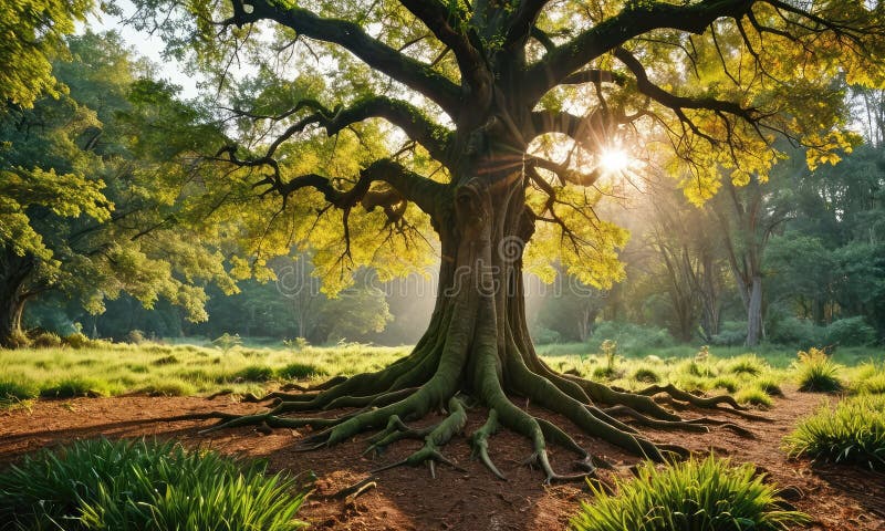 A Tree with Roots in the Ground and Sunlight Shining on it. Stock ...