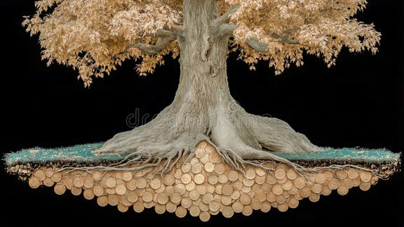 Tree with Roots Growing from Gold Coins Stock Illustration ...