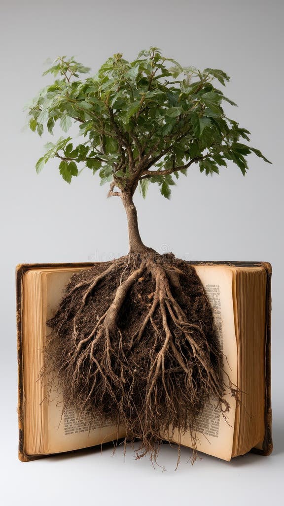 Tree with Roots Growing from Open Book Symbolizes Knowledge and Growth ...