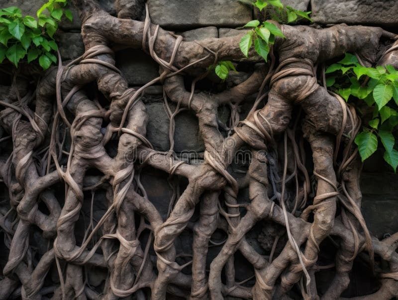 A Tree Roots Growing on a Stone Wall Stock Illustration - Illustration ...
