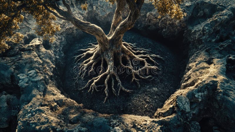 A Tree with Roots in a Hole in the Ground Stock Image - Image of travel ...