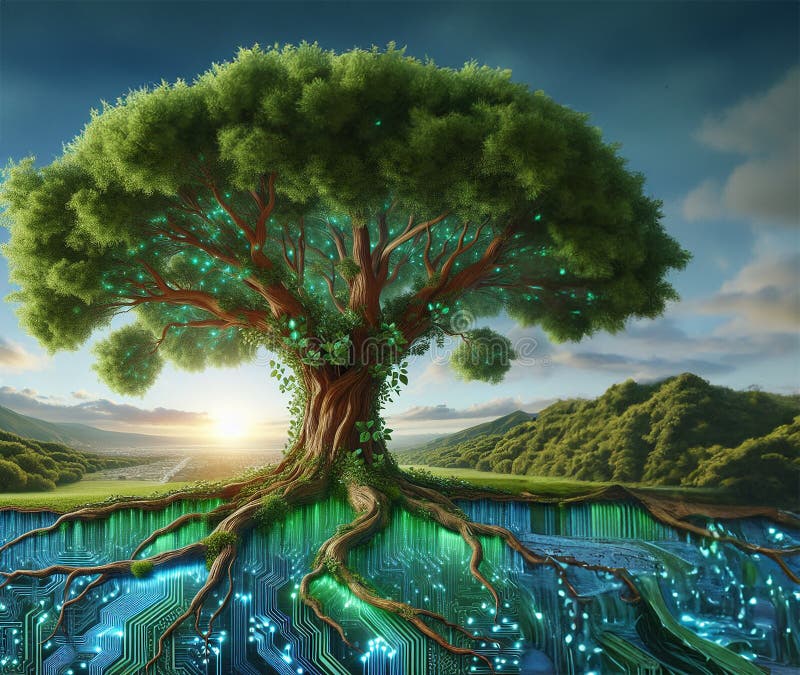 Generated Image a Tree with Roots Intertwined with Digital Circuits ...