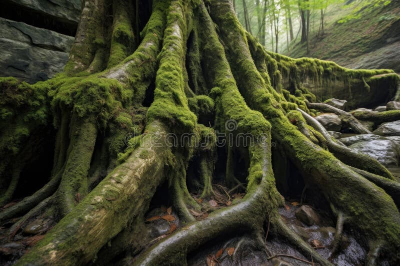 Tree Roots Intertwining with Moss-covered Rocks Stock Illustration ...