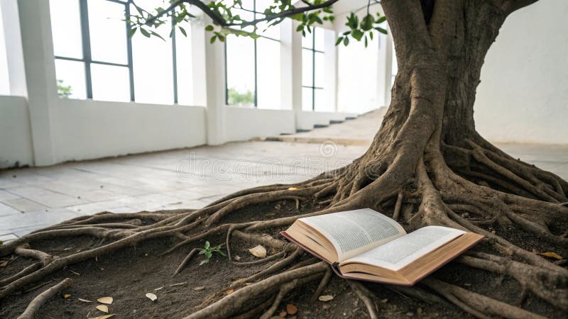 Tree with Roots Intertwining with Open Book in Serene Space Stock ...