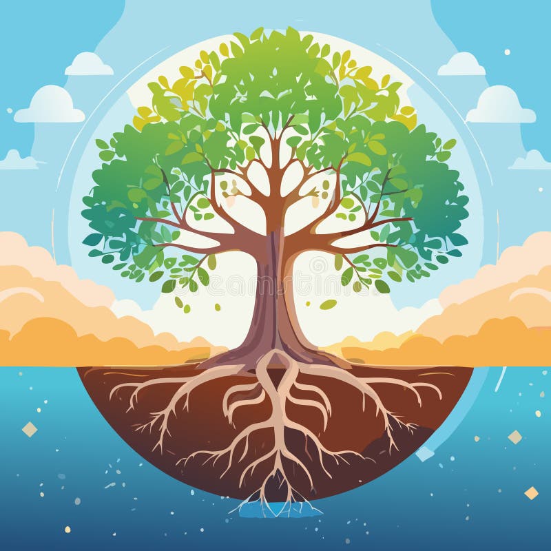 Tree with Roots in the Landscape. Vector Illustration of Oak Trees ...
