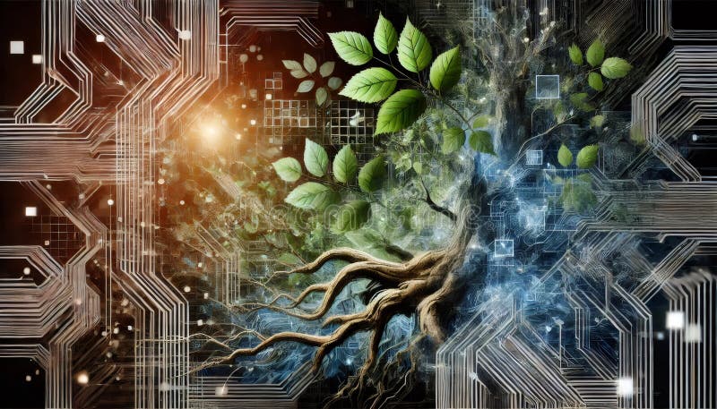 Tree Roots and Leaves Growing from Circuit Board, Blending Nature and ...