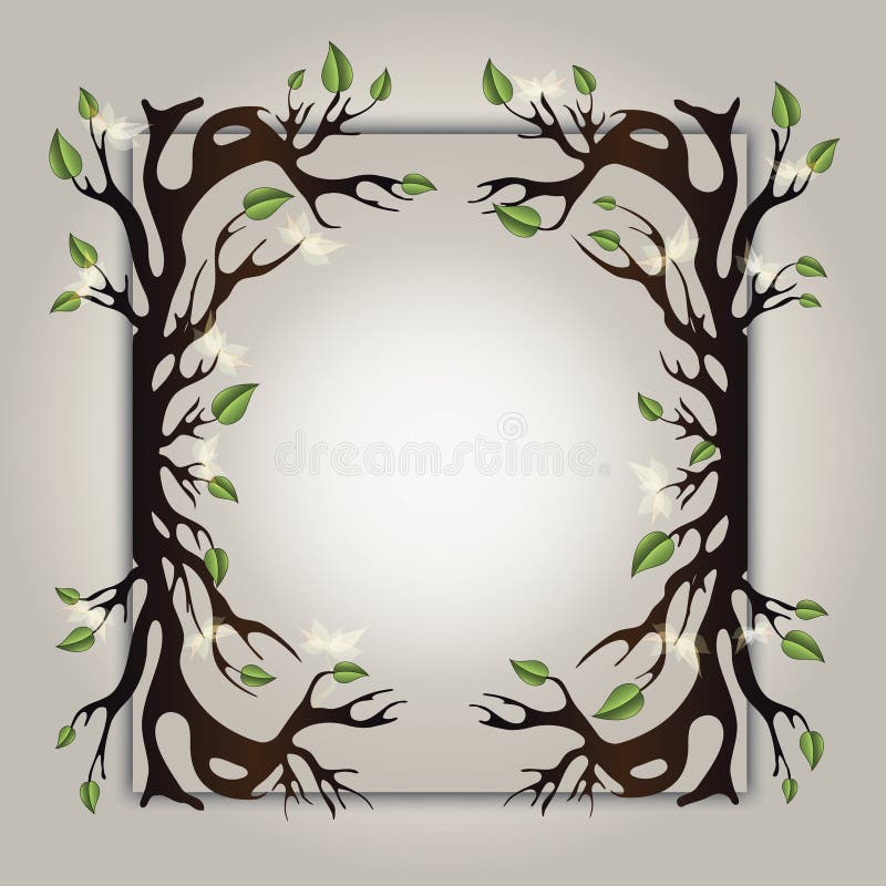 Tree with Roots and Leaves with Light Flowers As Frame on Paper Blank ...
