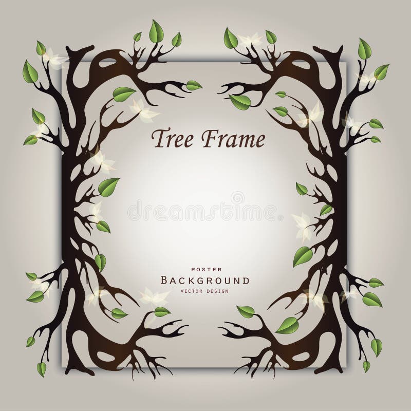 Tree with Roots and Leaves with Light Flowers As Frame on Paper Stock ...