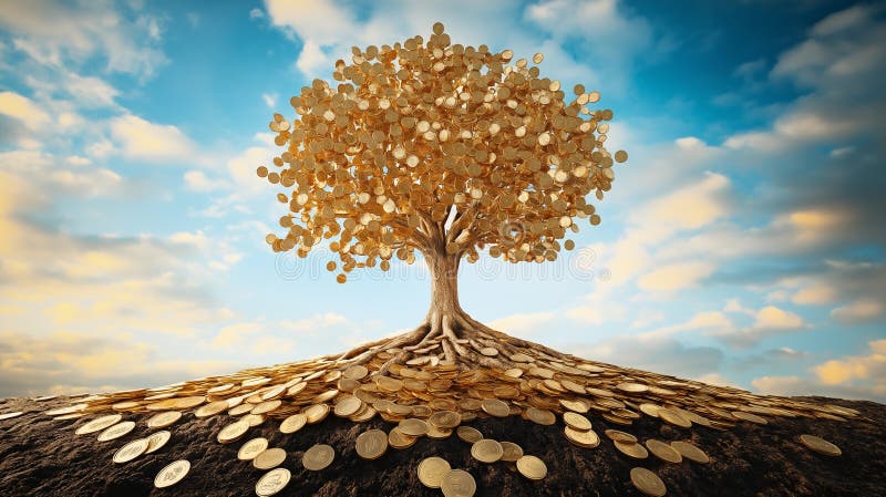 Tree with Roots Made of Gold Coins and Branches Reaching into the Sky ...
