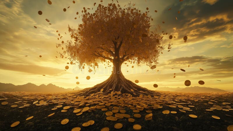 Tree with Roots Made of Gold Coins and Branches Reaching into the Sky ...