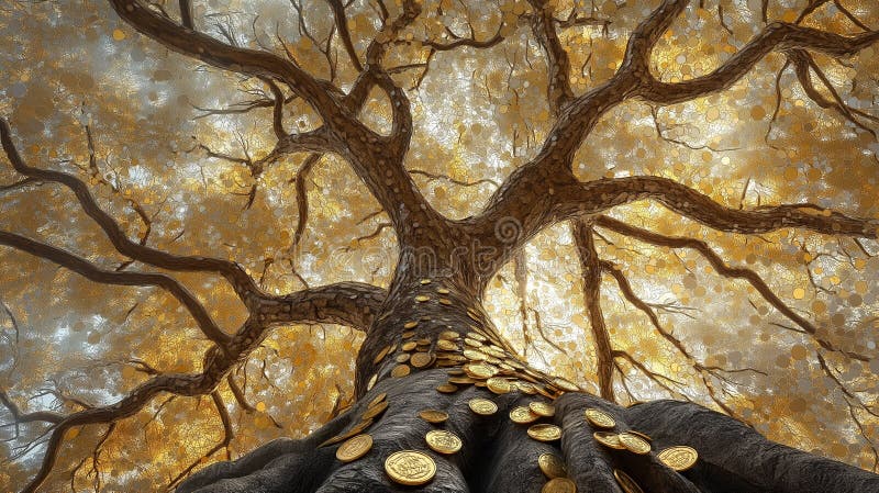 Tree with Roots Made of Gold Coins and Branches Reaching into the Sky ...