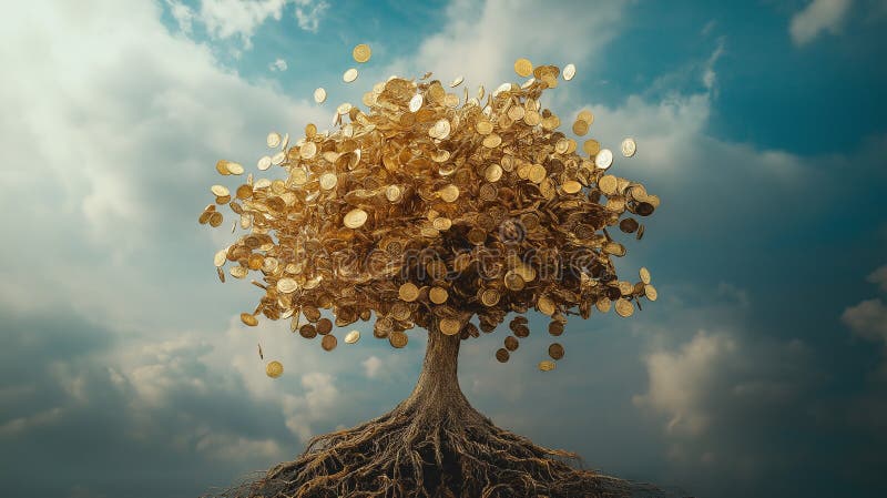 Tree with Roots Made of Gold Coins and Branches Reaching into the Sky ...