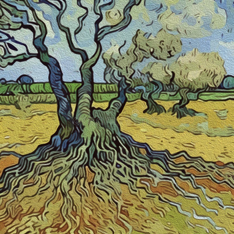 Tree with Roots . Oil Painting. Artistic Brush Strokes Stock ...