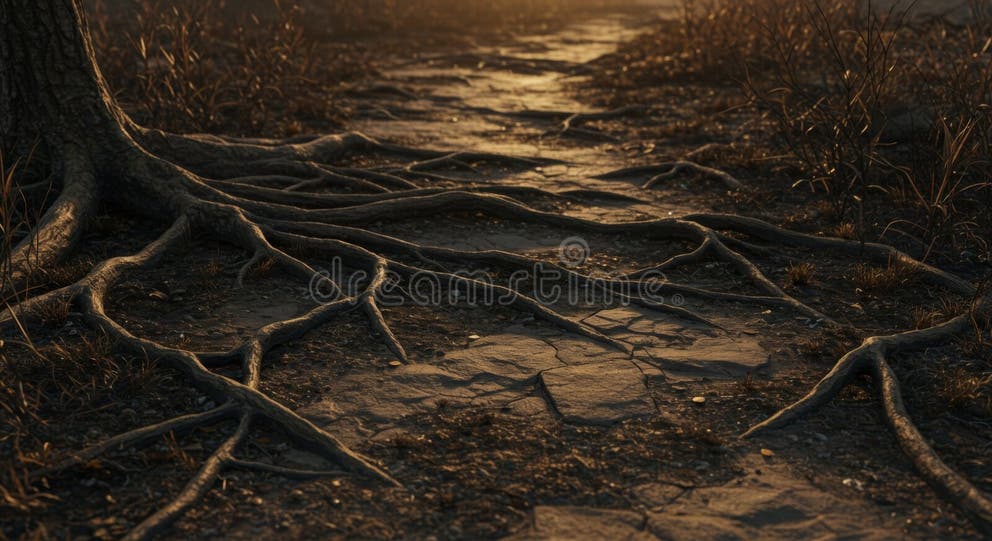 Tree Roots and Pathway at Sunset Stock Illustration - Illustration of ...