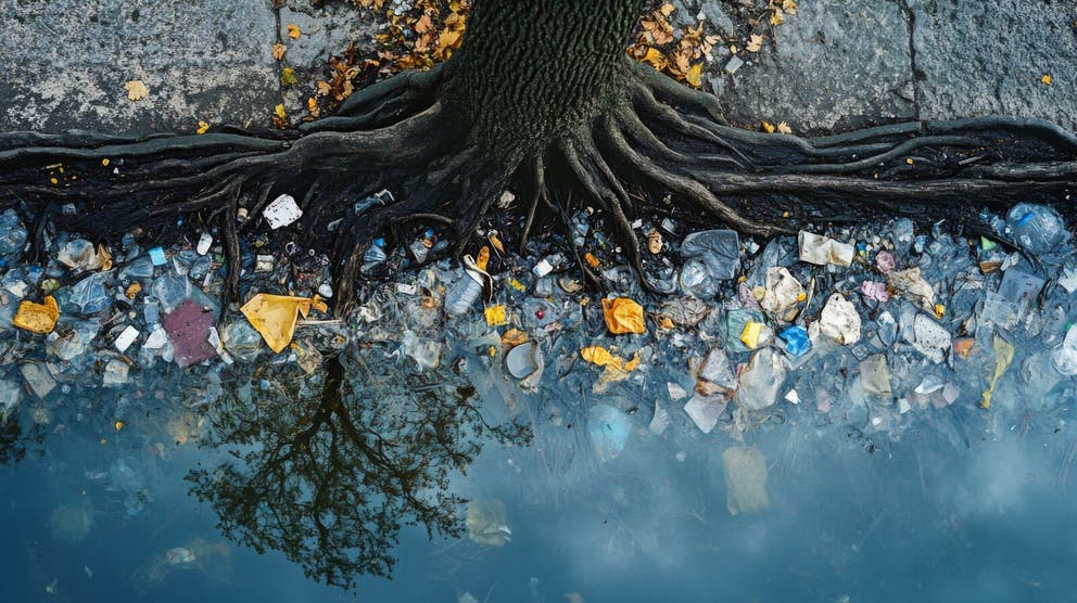 Tree Roots and Plastic Pollution in a River Stock Photo - Image of ...