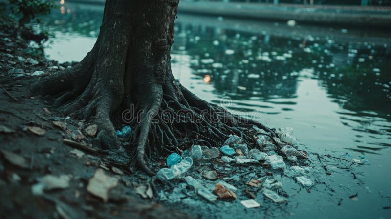 Tree Roots and Plastic Waste in Water Stock Image - Image of leaves ...