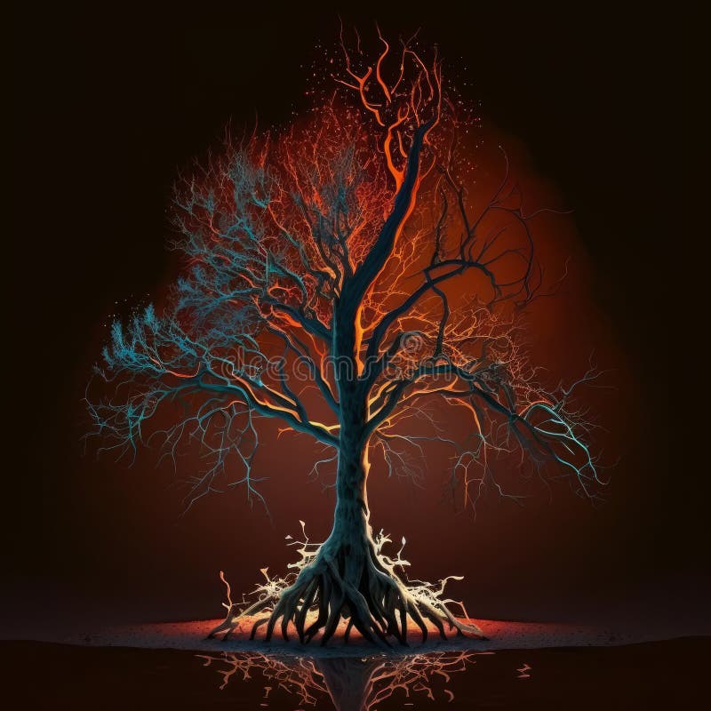 A Tree with the Roots on it is in Red and Blue. Generative AI Stock ...
