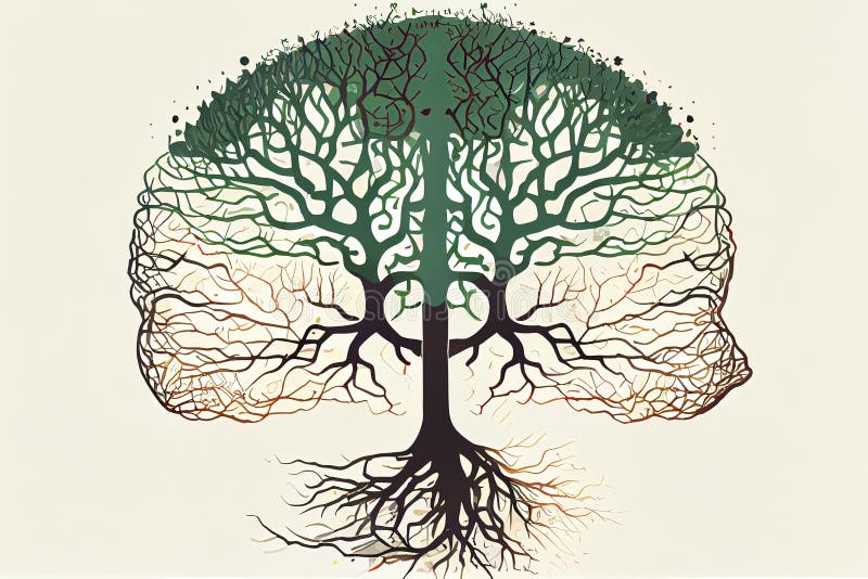 A Tree with Roots in the Shape of a Brain, Flat Design, Symmetry Stock ...