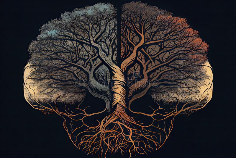 A Tree with Roots in the Shape of a Brain, Flat Design, Symmetry Stock ...