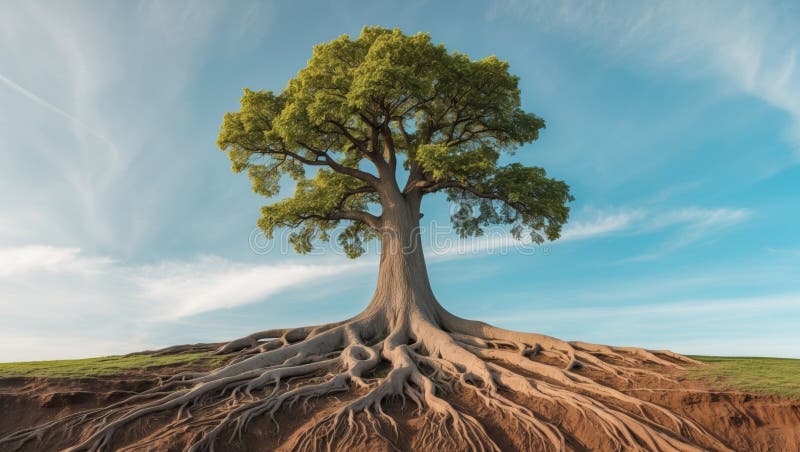 Tree with Roots and Soil Layers Under Blue Sky. Stock Photo - Image of ...