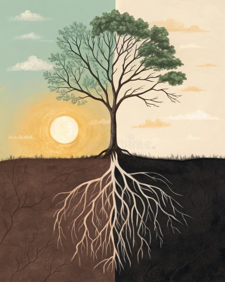 A Tree Roots Split into Two Different Directions One Toward Sunlight ...