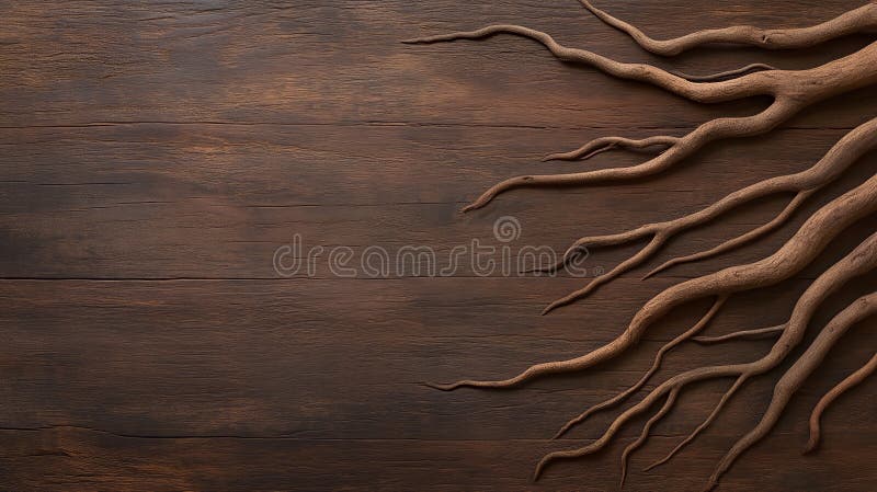 Tree Roots Spreading Across Dark Wooden Surface, Top View, Minimalistic ...
