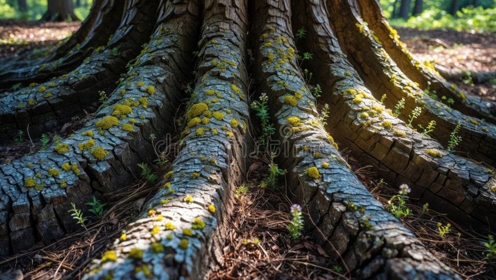 Majestic Tree Roots with Yellow Lichen in Forest Sunlight Stock ...