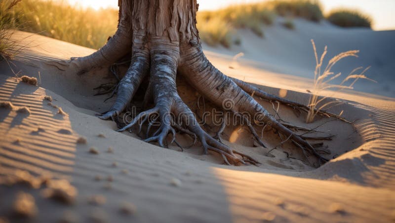 Majestic Tree Roots in Desert Sand at Sunset Stock Illustration ...