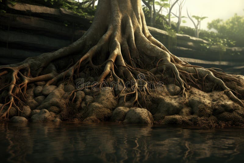 Tree Roots and Sunshine in a Green Forest Stock Photo - Image of moss ...