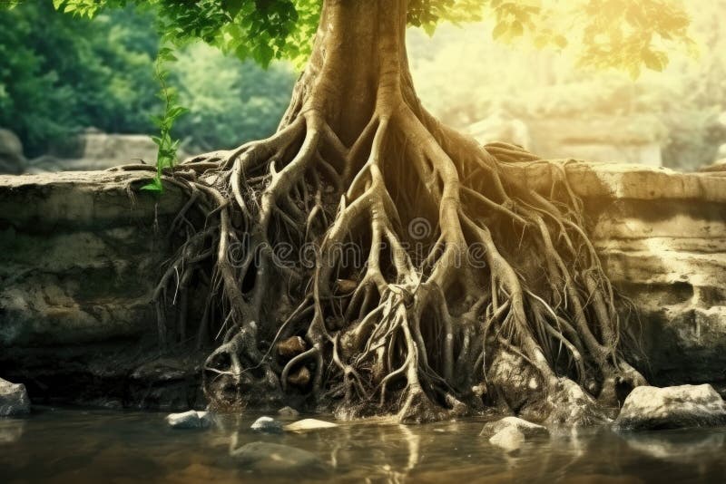 Tree Roots and Sunshine in a Green Forest Stock Photo - Image of ...