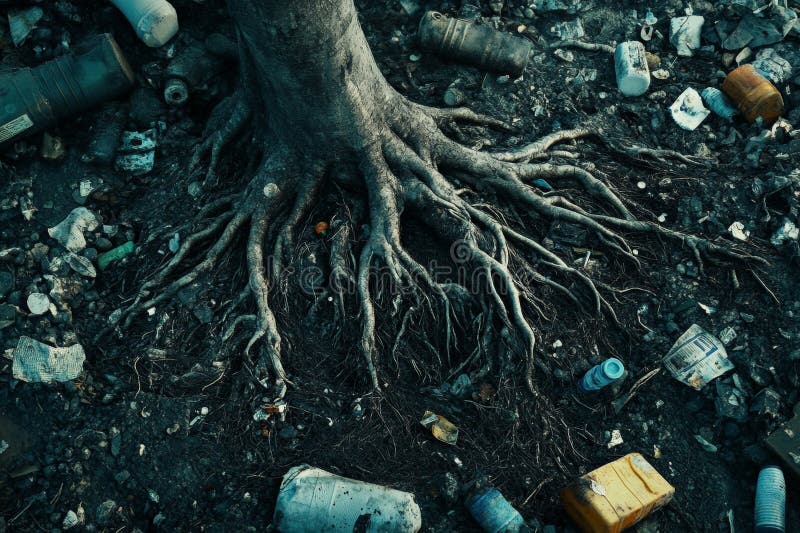 Tree Roots Surrounded by Plastic Waste and Debris in Nature Stock ...