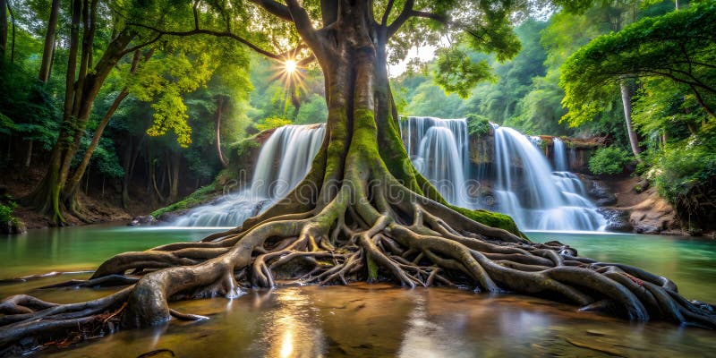 Tree with Roots Tangled Around Cascading Waterfall Stock Illustration ...