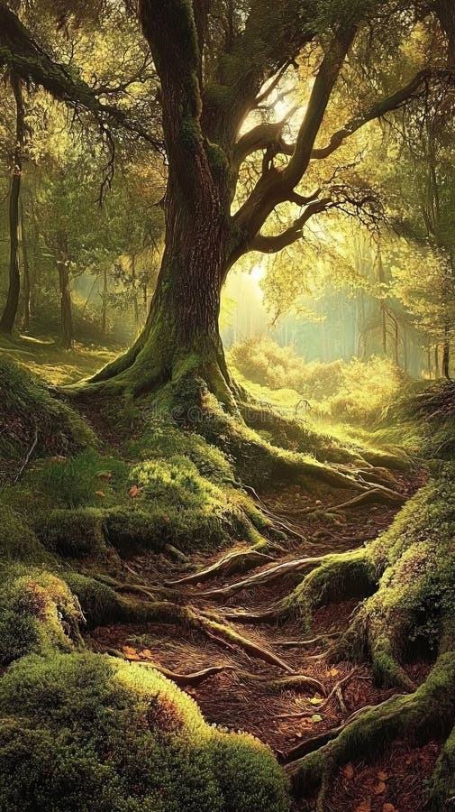 Tree Roots Twisting through Forest Floor Moss. Stock Photo - Image of ...