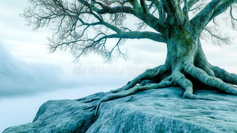 Tree Roots Twisting and Wrapping Around a Large Rock in a Misty ...