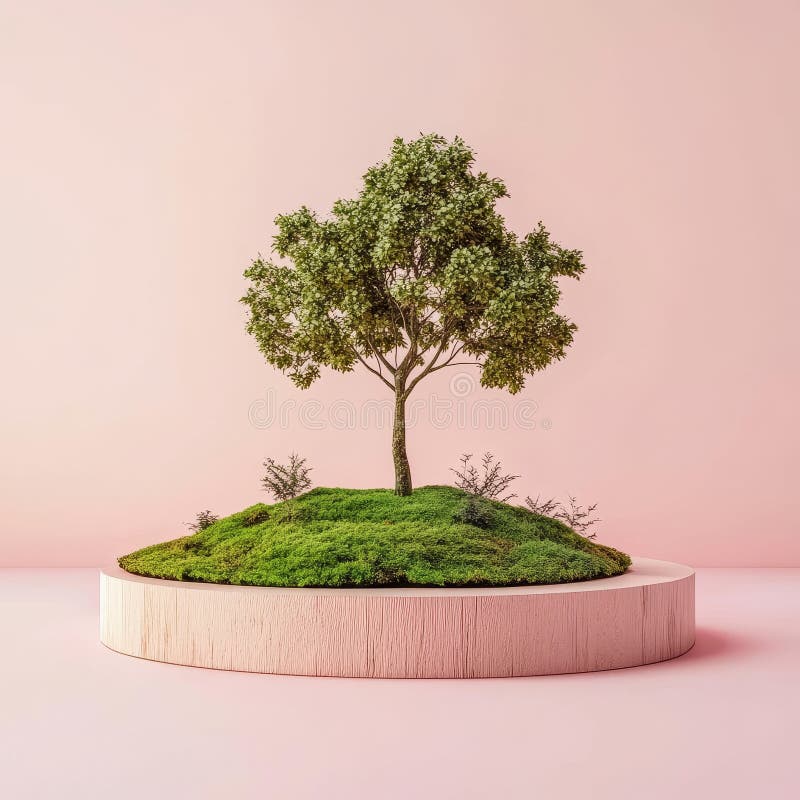 Tree on a Round Podium with Green Grass. 3d Rendering Stock ...