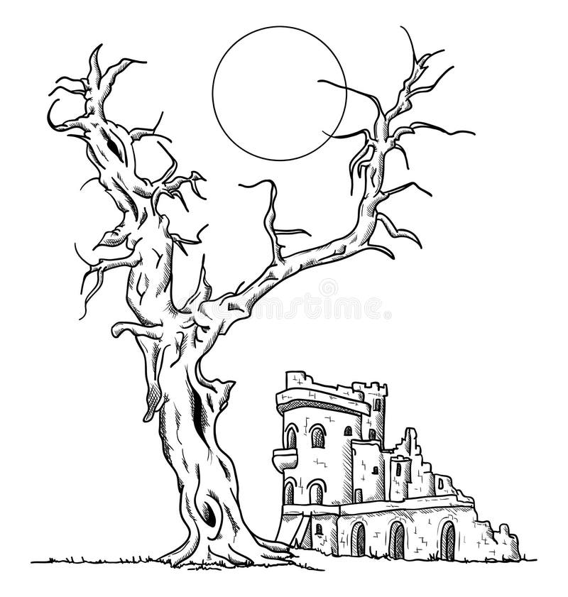 Tree and ruin castle stock vector. Illustration of wood - 64931843