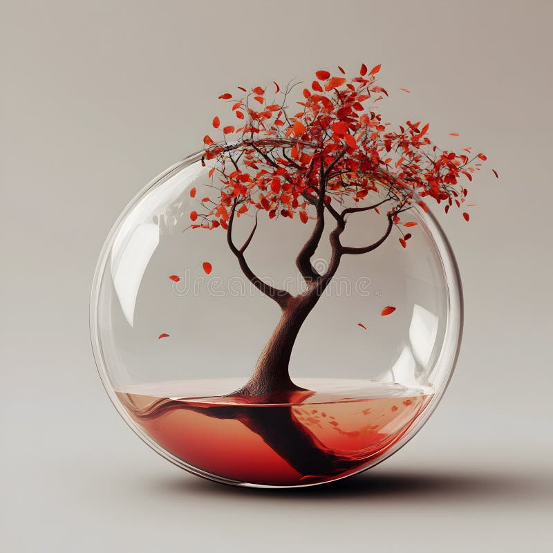 A Glass Sphere Encases a Small Tree with Vibrant Red Leaves, Emerging ...