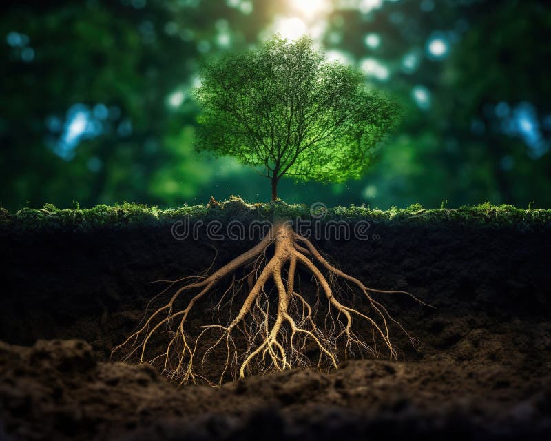 The Tree S Root System Goes Deep into the Ground Soil. Stock ...