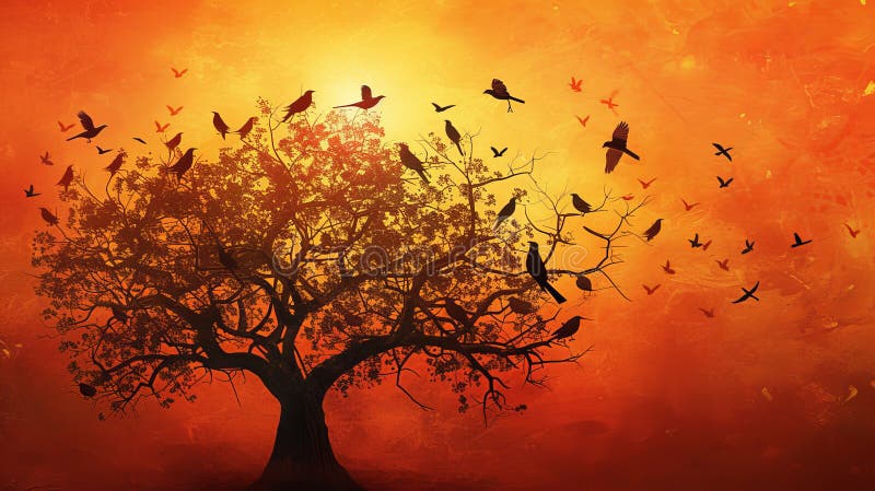 Sunset Silhouette of Tree with Birds in Flight Stock Image - Image of ...