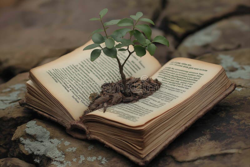 Tree Sapling Emerges from Open Book Pages Resting on Rocks Stock Photo ...