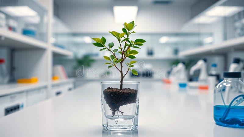 Tree Sapling Growing in a Clear Square Glass Cup in a White Science ...