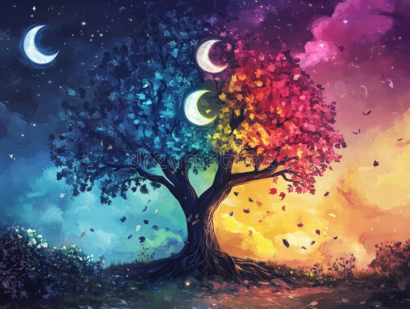 Tree of Seasons Changes from Night To Day with Falling Leaves. Nature S ...