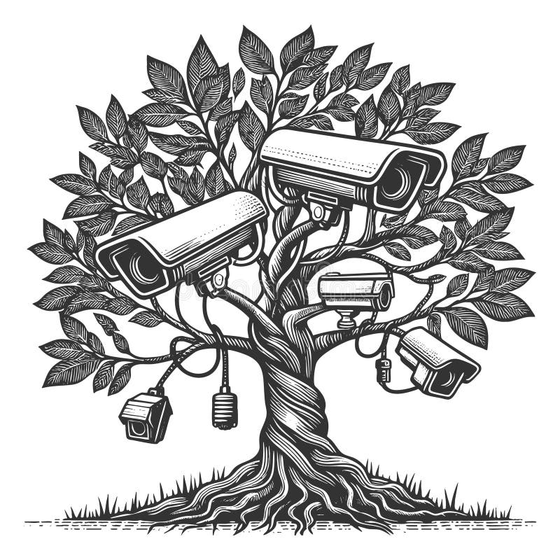 Tree with Security Cameras Engraving Raster Stock Image - Image of ...