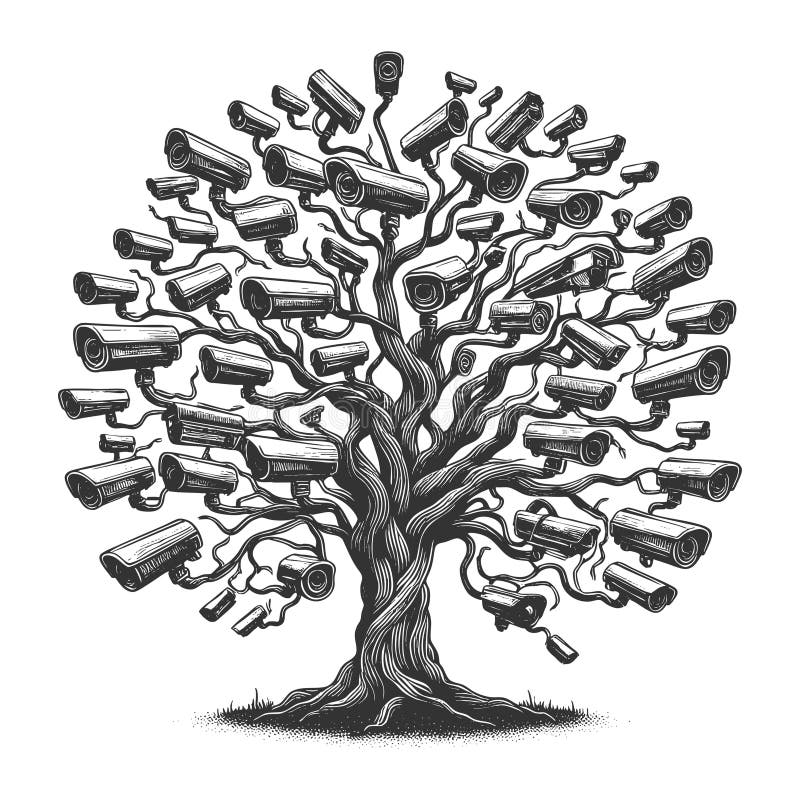 Tree with Security Cameras Engraving Vector Stock Vector - Illustration ...