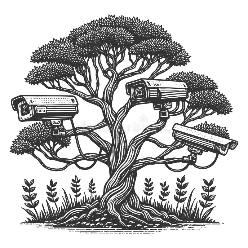 Tree with Security Cameras Engraving Vector Stock Vector - Illustration ...