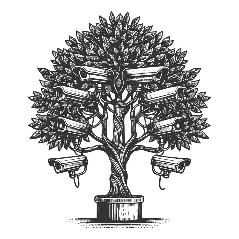 Tree with Security Cameras Engraving Vector Stock Vector - Illustration ...